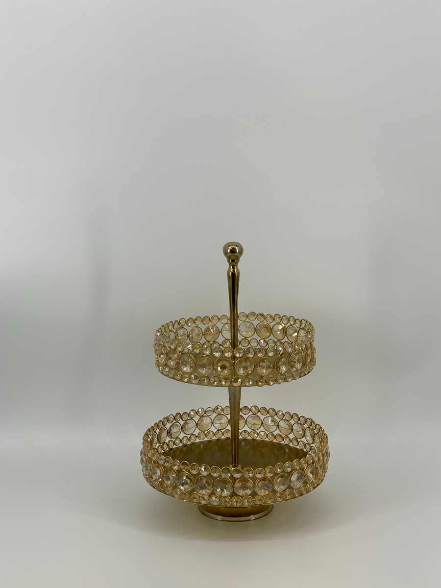 2 Tiered Gold Rhinestone Serving Tray – Affordable & Luxury Event Rentals